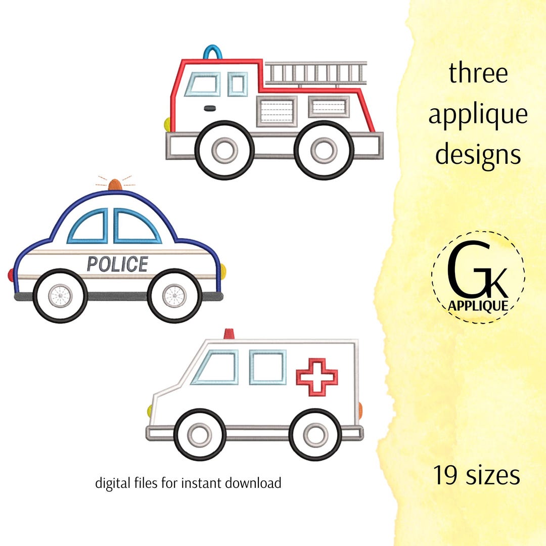 Emergency Vehicles Applique Designs Set. Three Machine Embroidery ...