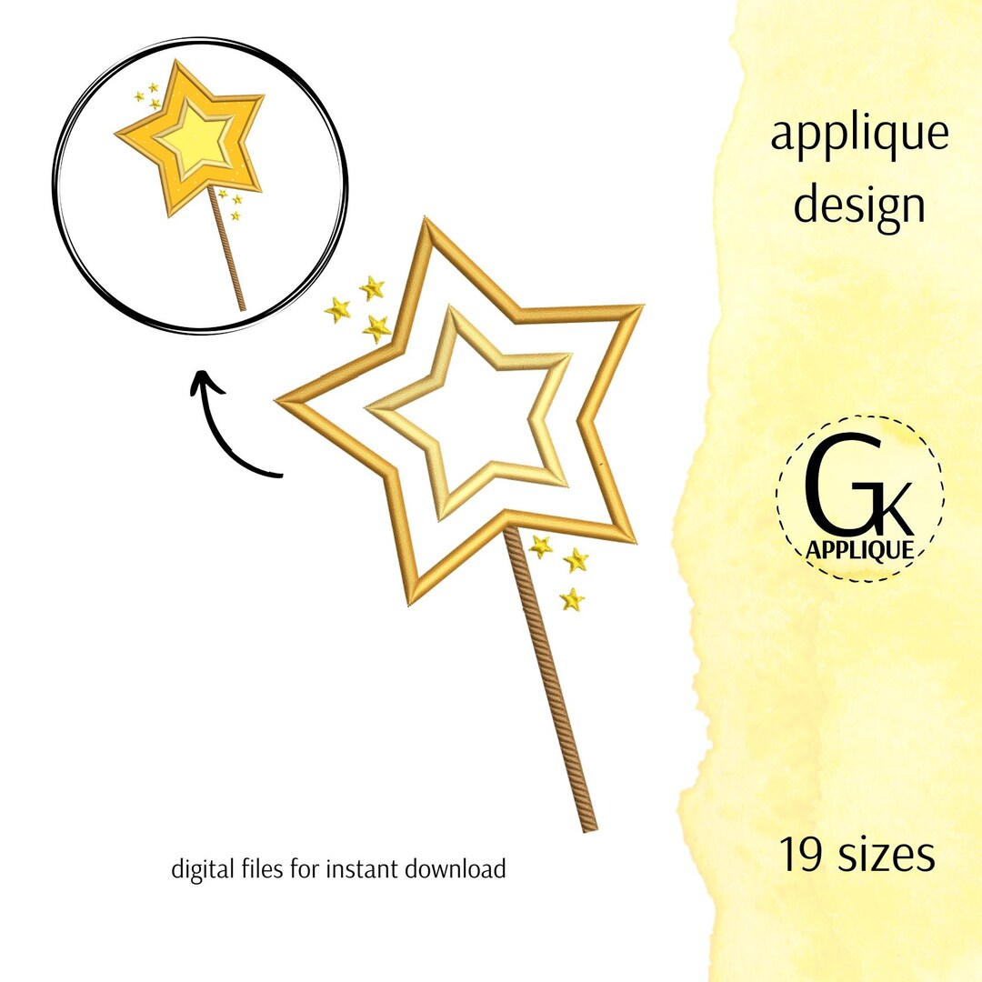Wand Applique Design. Star Staff Machine Embroidery Design. 19 Sizes ...