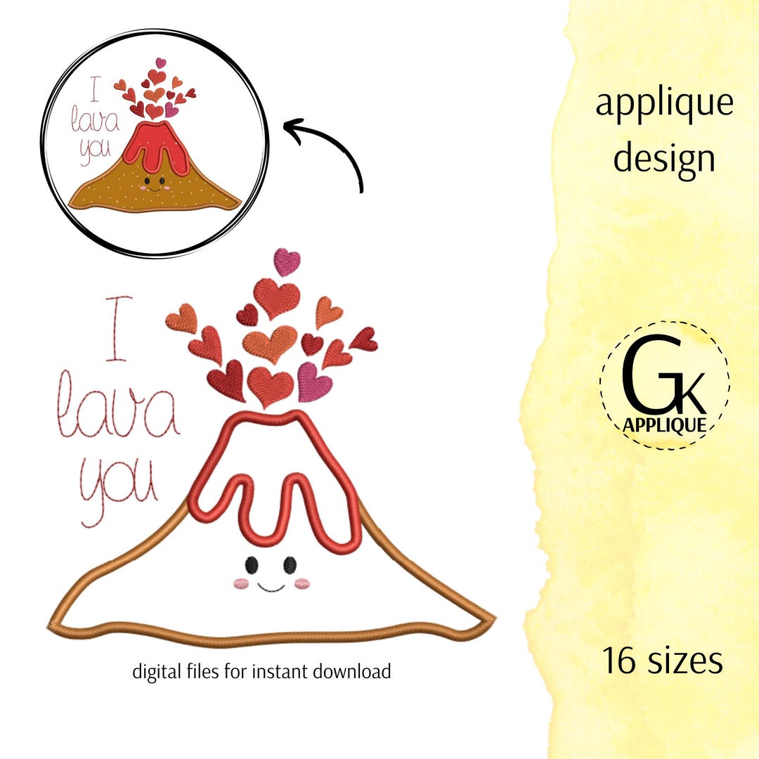 Volcano - I Lava You - Applique Pattern. Love Applique Design. 16 Sizes ...