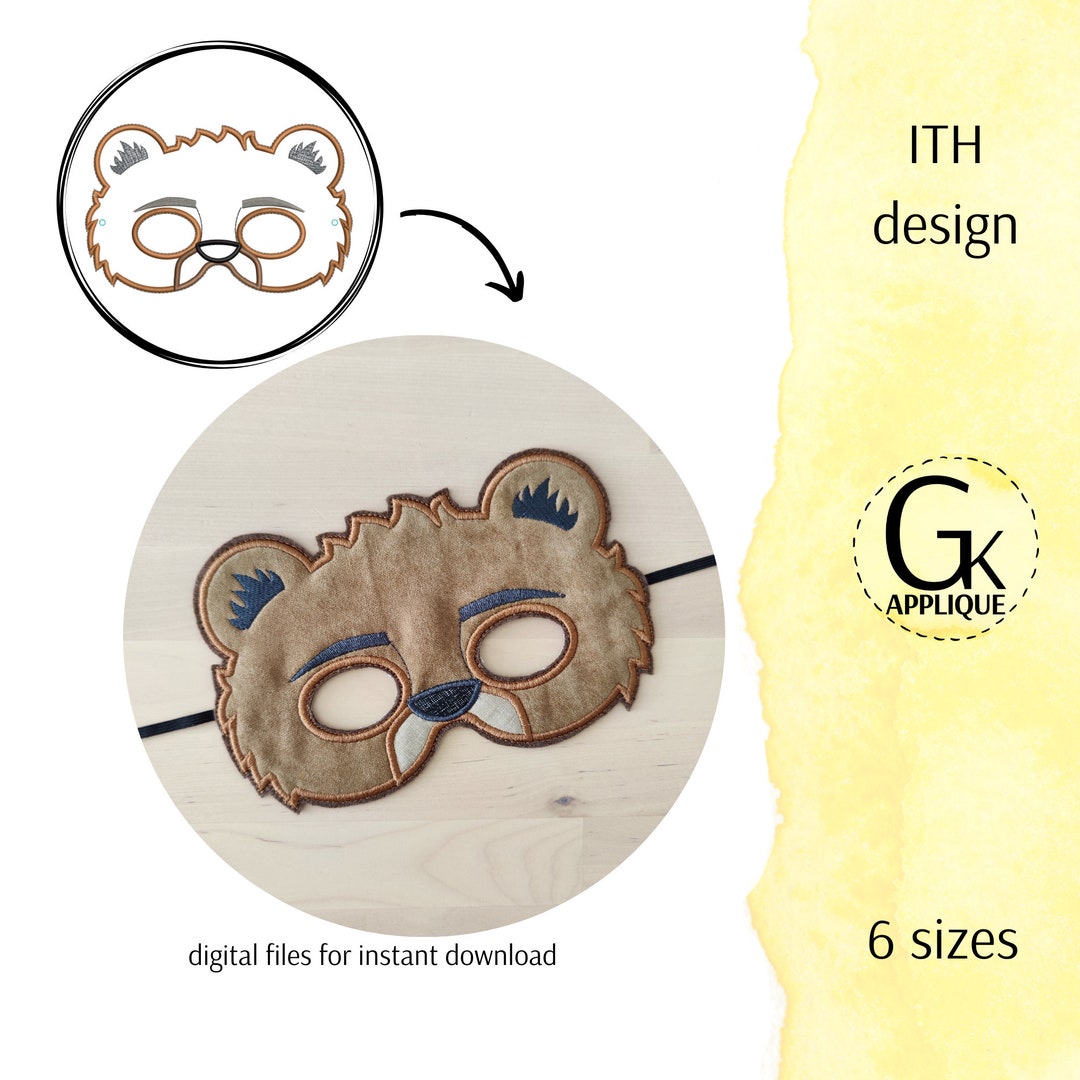 ITH Bear Mask Design. ITH Animal Mask Embroidery Design. Pretend Mask ...