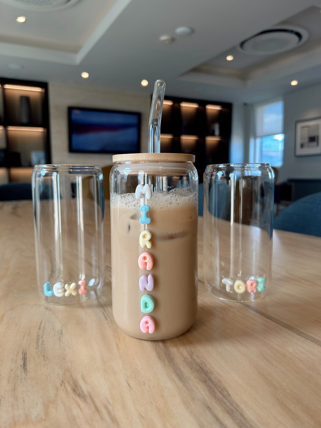 Custom Pastel Charmed Name Bamboo Glass Tumbler Cup, Coffee Cup, Glass ...