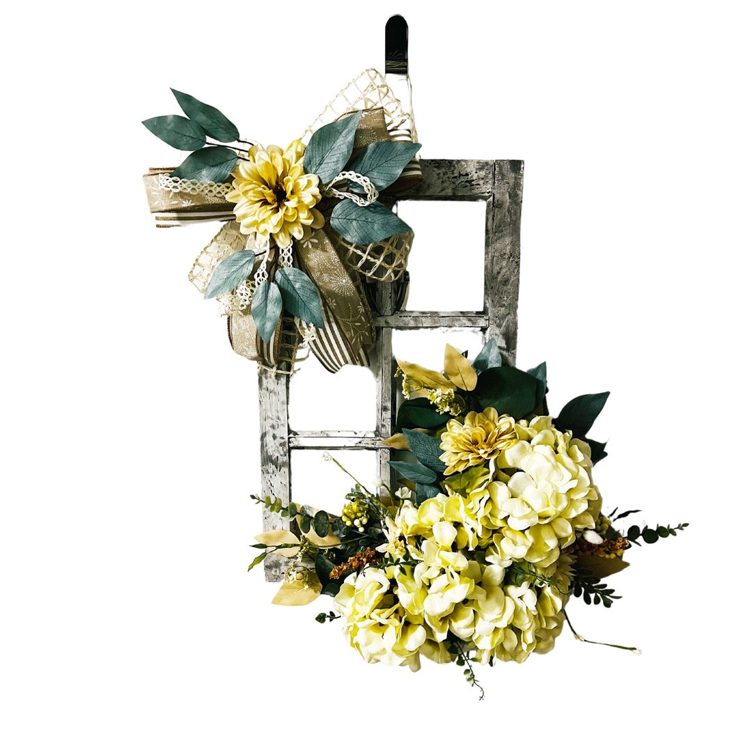 Rustic Window Frame for Front Door, Farmhouse Hydrangea Spring Wreath ...