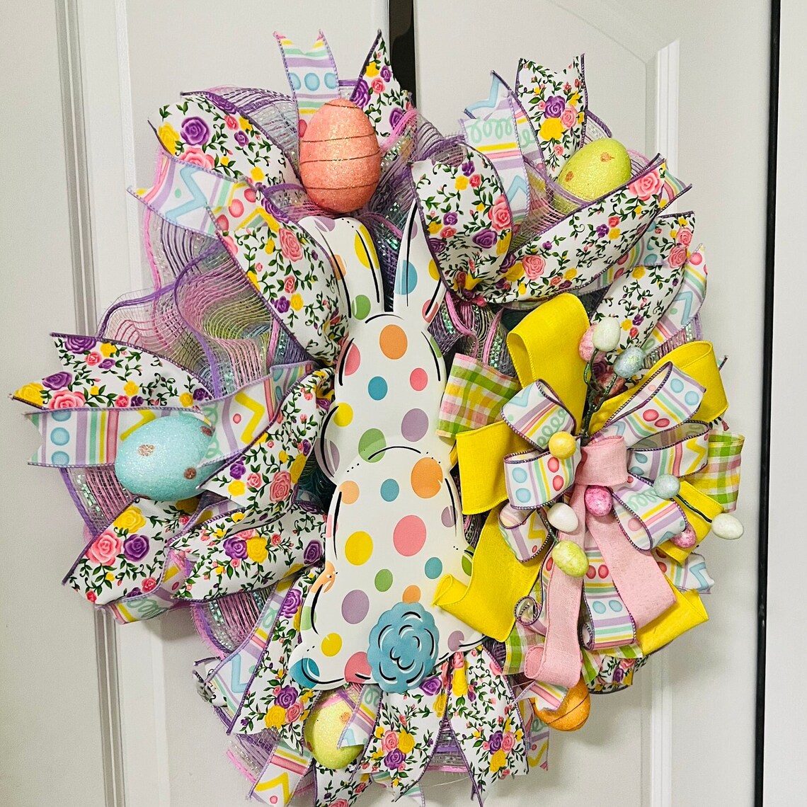Easter Bunny Front Door Wreath, Easter Decor, Spring Wreath, Polka Dot ...