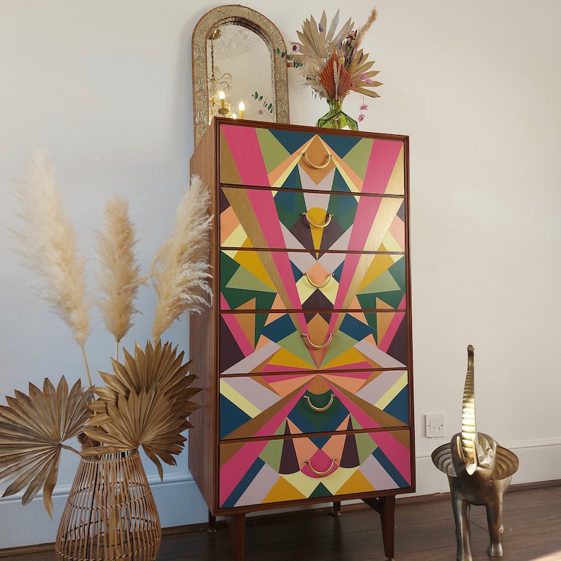 MADE TO ORDER Hand-painted Geometric Mid-century Tallboy Drawers ...