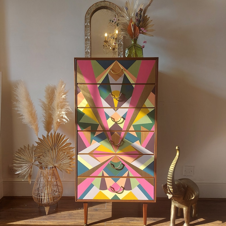 MADE TO ORDER Hand-painted Geometric Mid-century Tallboy Drawers ...