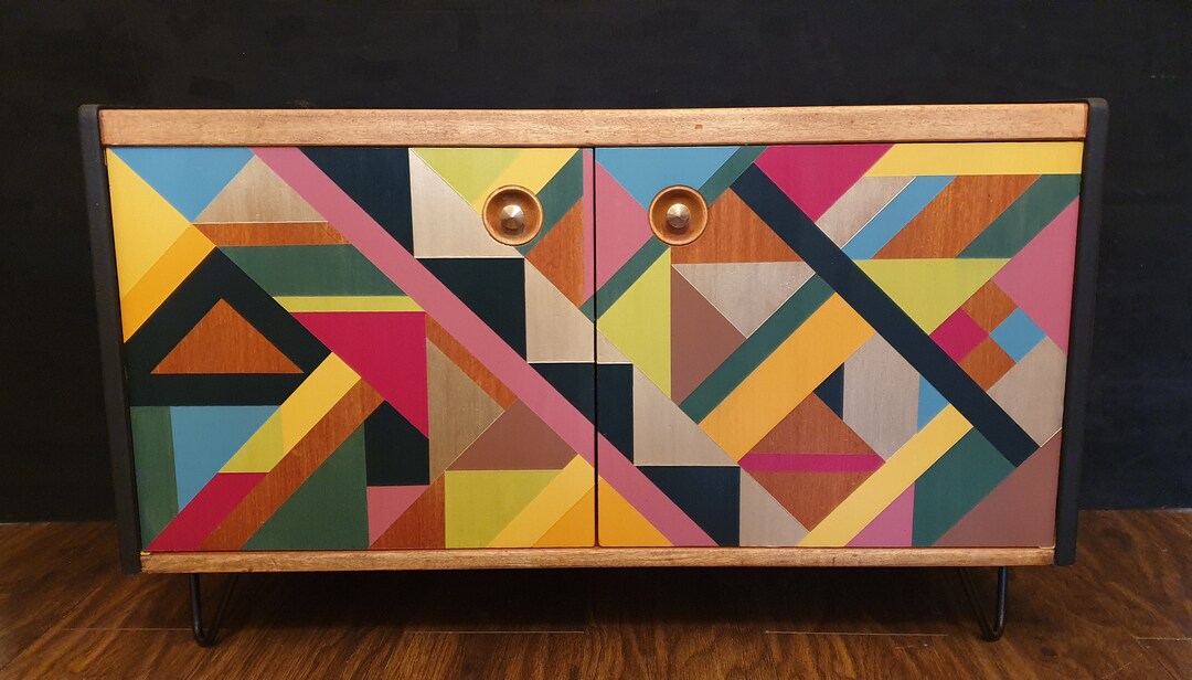 MADE TO ORDER Bespoke Hand Painted Geometric Design Mid Century Cabinet ...