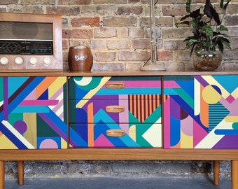 MADE TO ORDER Bespoke Hand Painted Geometric Design Mid Century Display ...