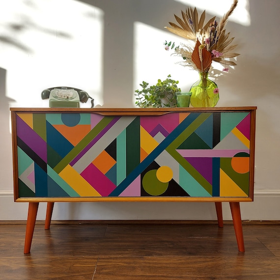 Custom Painted Geometric Mid Century Sideboard Bespoke Design Unique Furniture Made to Order Artisan Crafted Storage Modern Home Decor Etsy