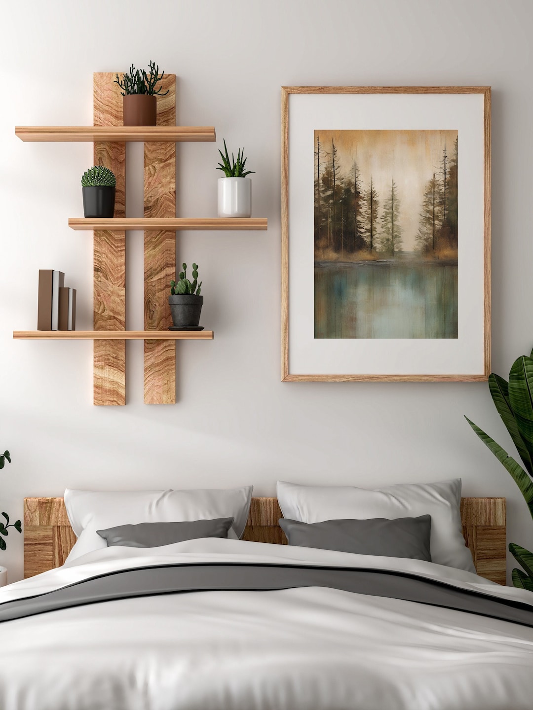 Abstract Boho Landscape Print, Boho Lake Pine Trees Wall Art, Abstract ...