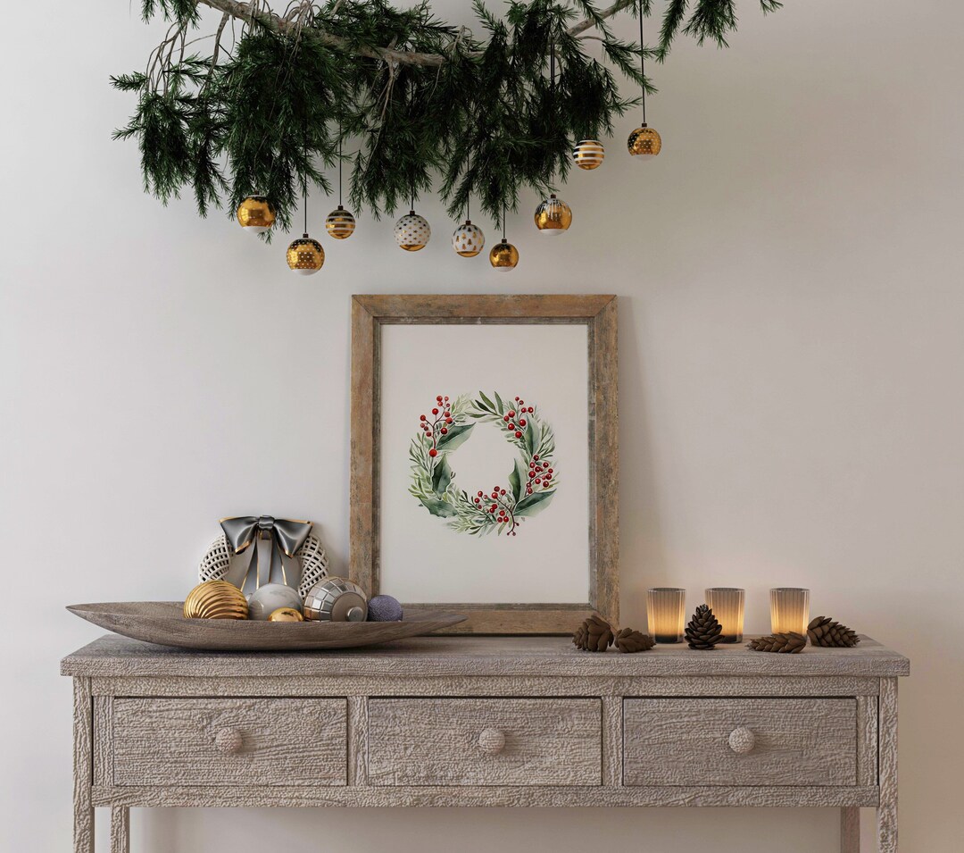 Christmas Wreath Print, Christmas Printable Art, Botanical Christmas ...