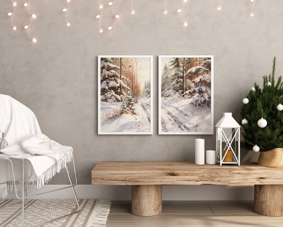 Winter Wonderland Print Set of 2, Watercolor Snowy Forest Wall Art ...