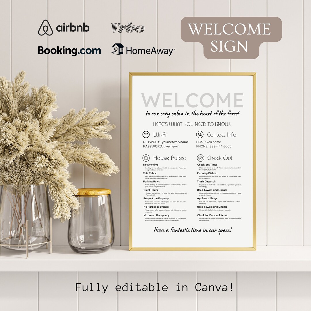 Editable Airbnb Vrbo Welcome Sign Template Vacation Rental Printable ...
