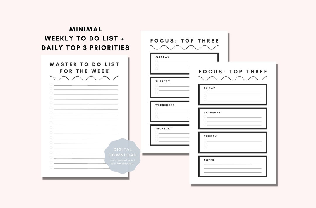 Minimal Weekly to Do List Printable: Top Three Priority List ...