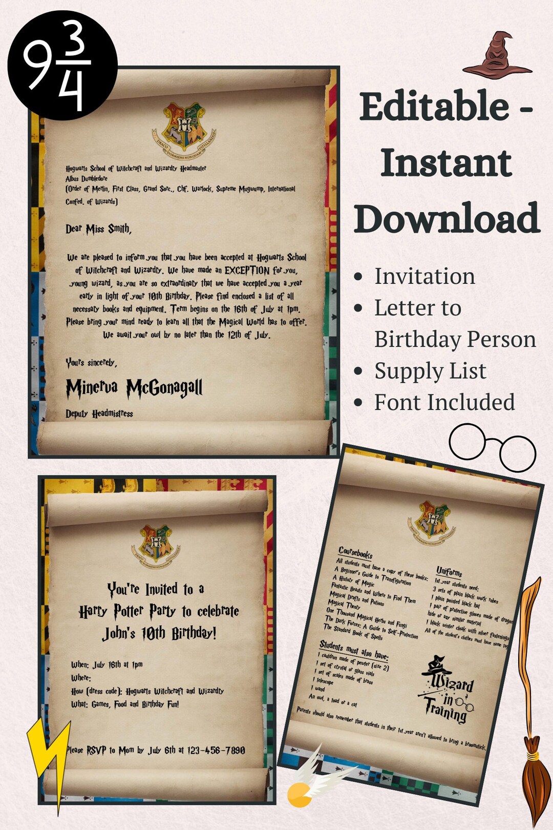 HP Wizard Birthday Party Invitation Set Hogwarts Acceptance Letter ...