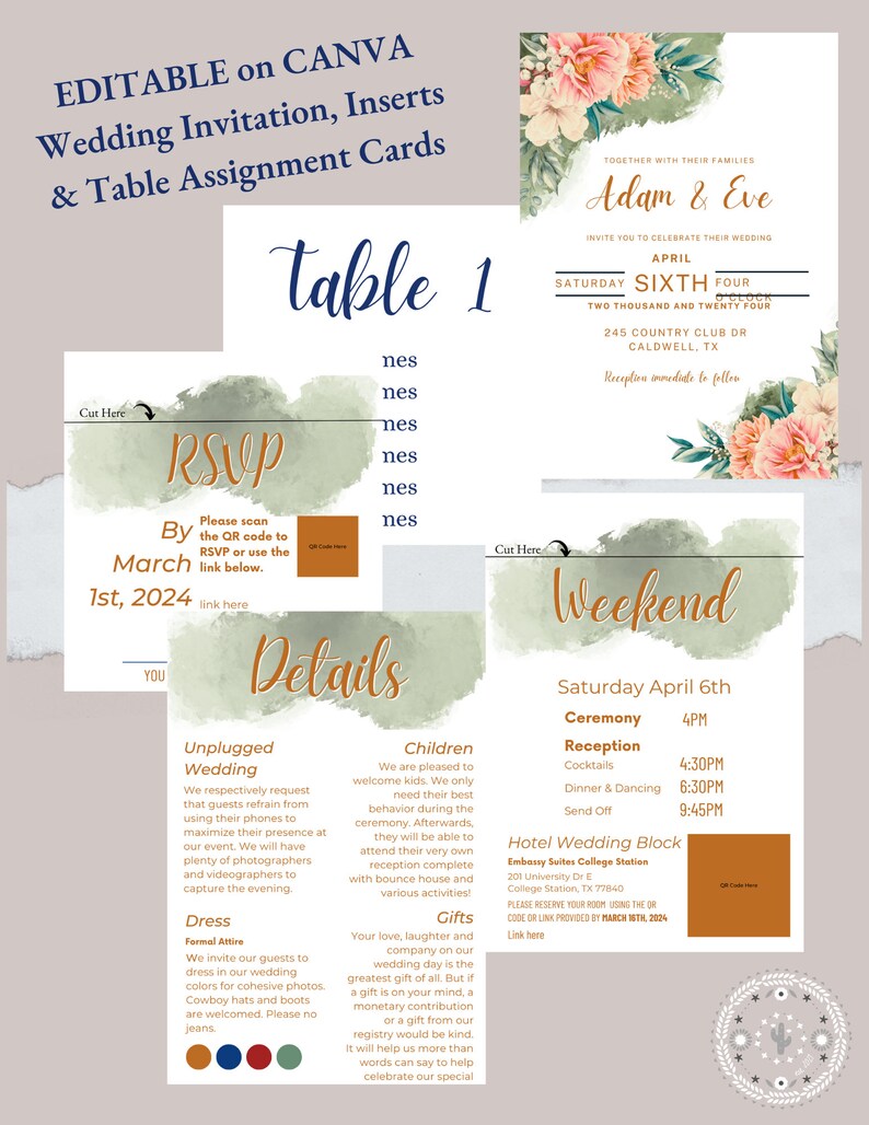 EDITABLE in CANVA Instant Download Wedding Invitation, Detail Cards 3 Sizes Included & Seating ...