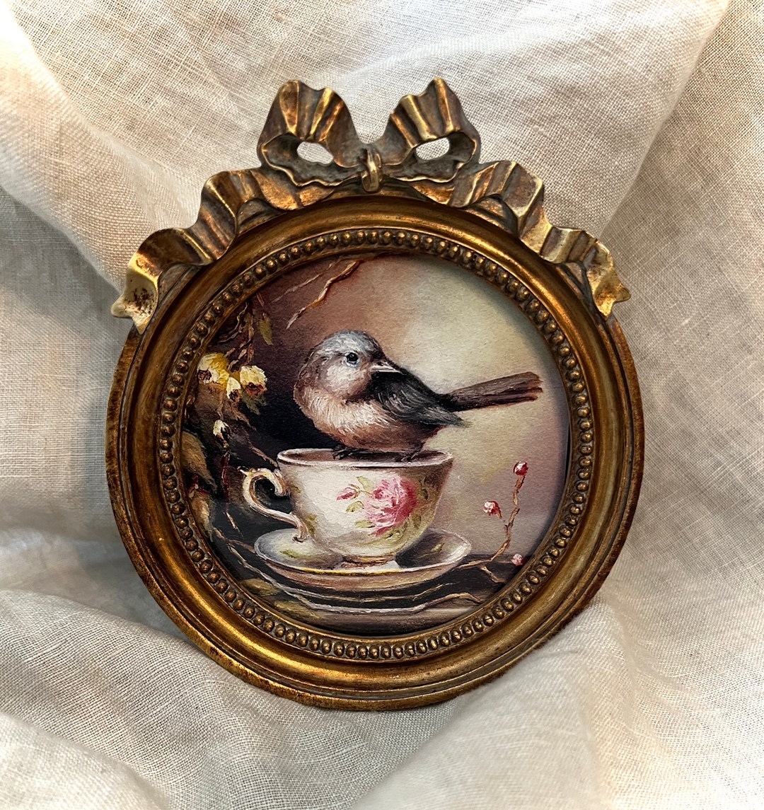 Old World Bird on a Teacup Mini Art PRINT Framed - Etsy