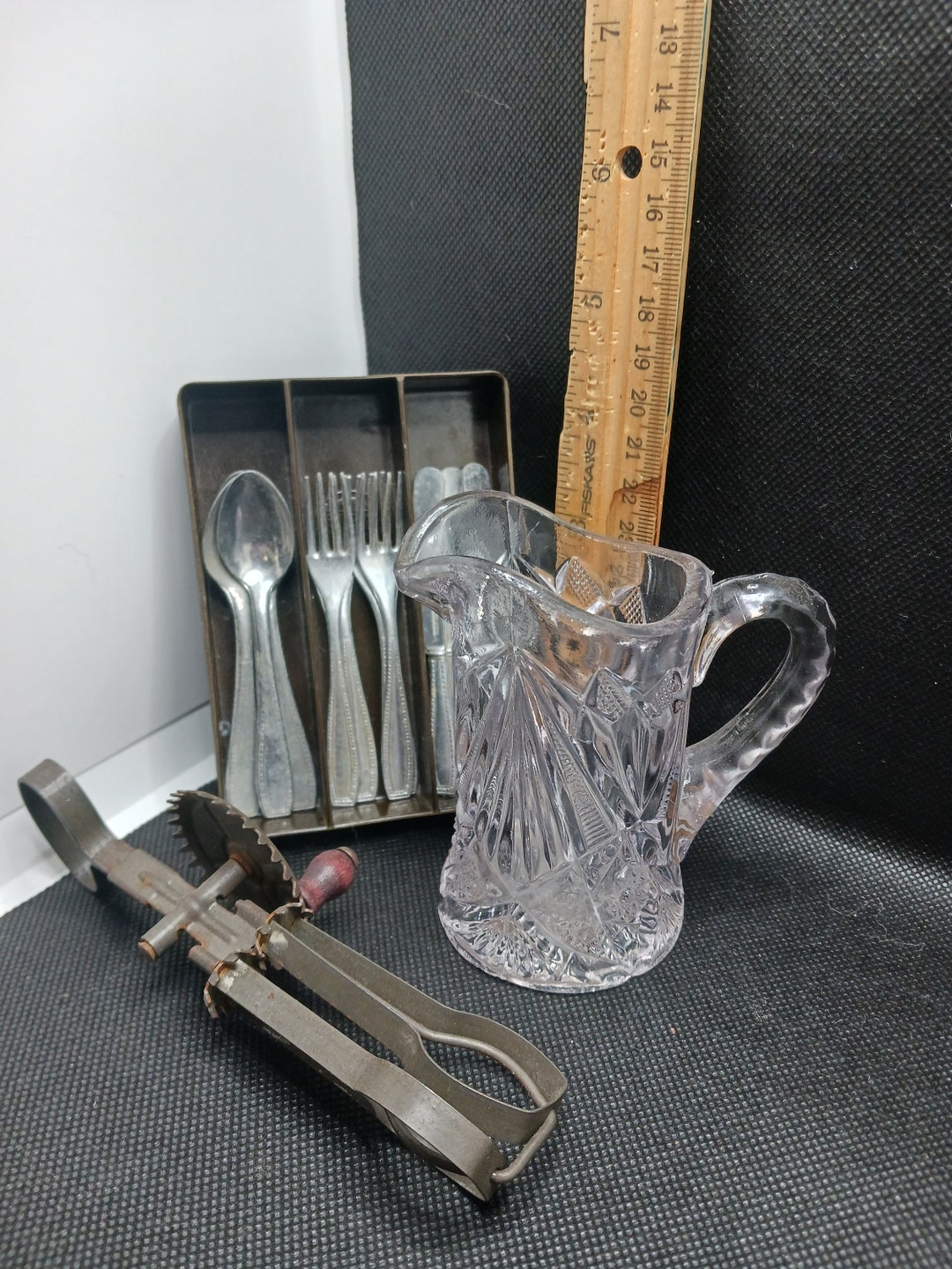 Flint Glass Pitcher Egg Beater German Soft Metal Flatware Play Set ...