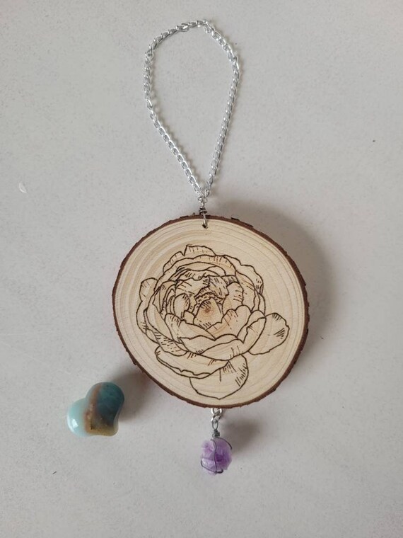 Pyrography Flower Art Design With Amethyst Crystal - Etsy