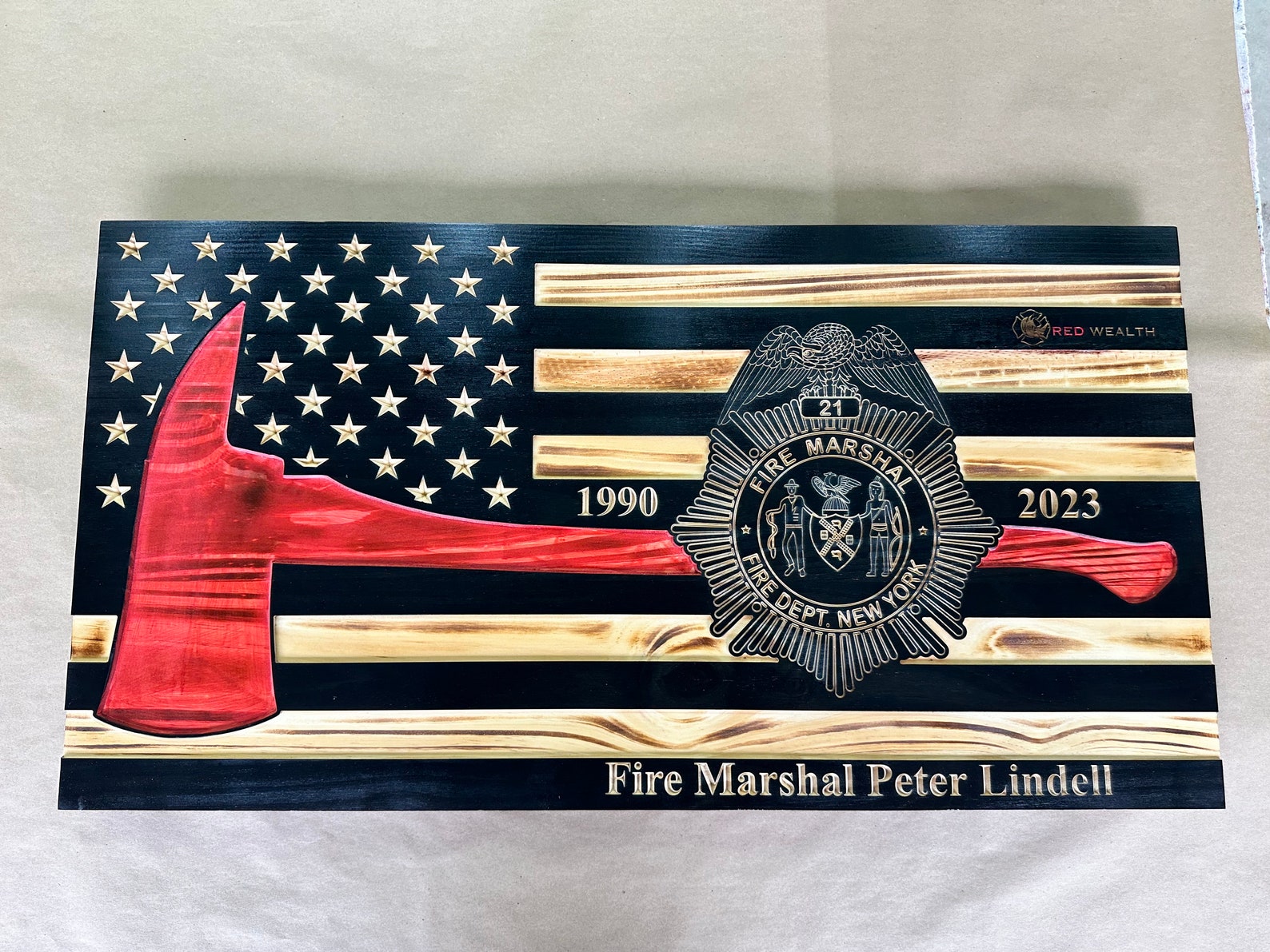 Handmade Wooden American Flag: Firefighter Axe & Badge - Patriotic ...