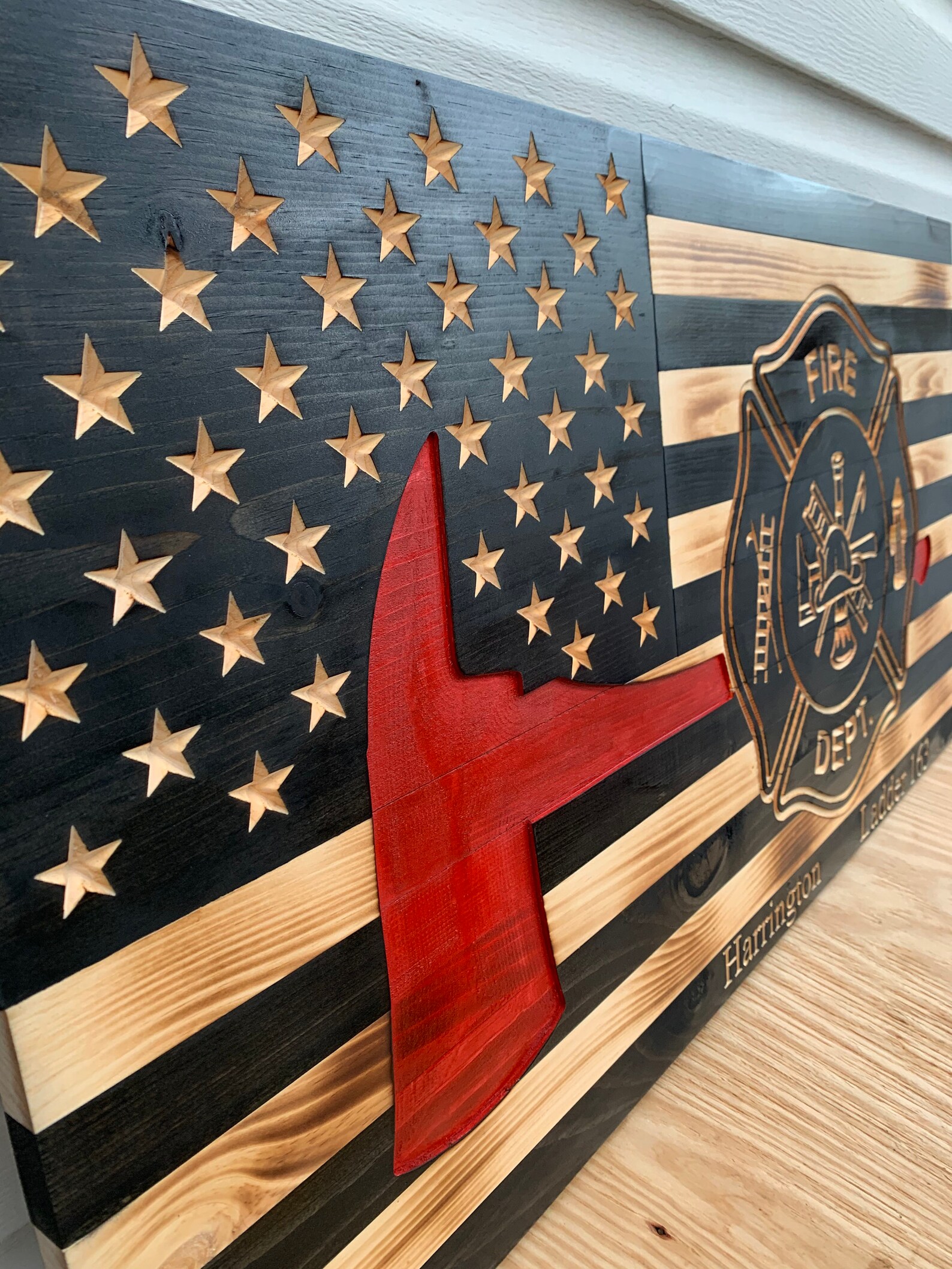 Handmade Wooden American Flag: Firefighter Axe & Badge - Patriotic ...