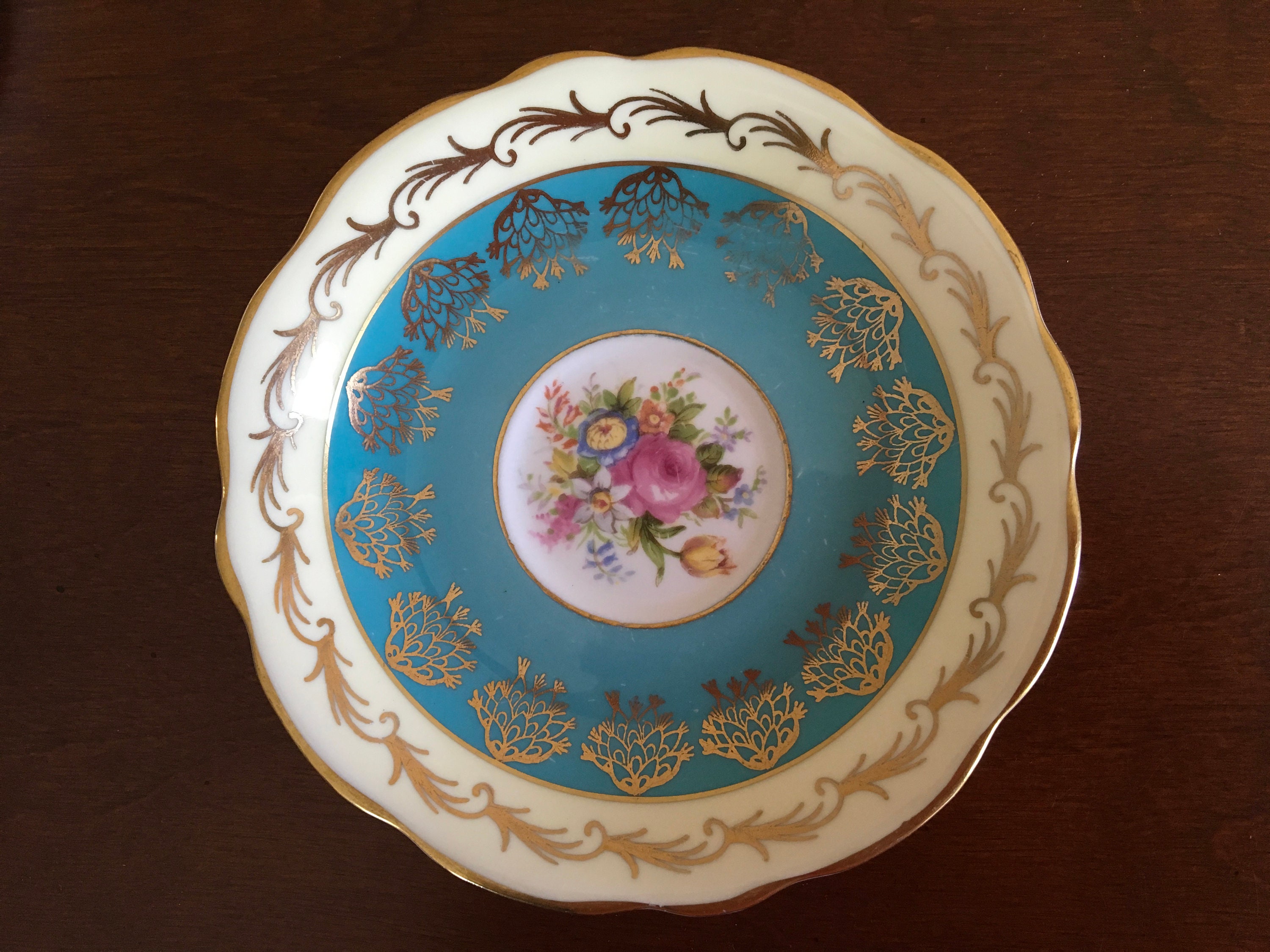 Vintage EB Foley Turquoise Blue and Gold Floral Fine Bone | Etsy