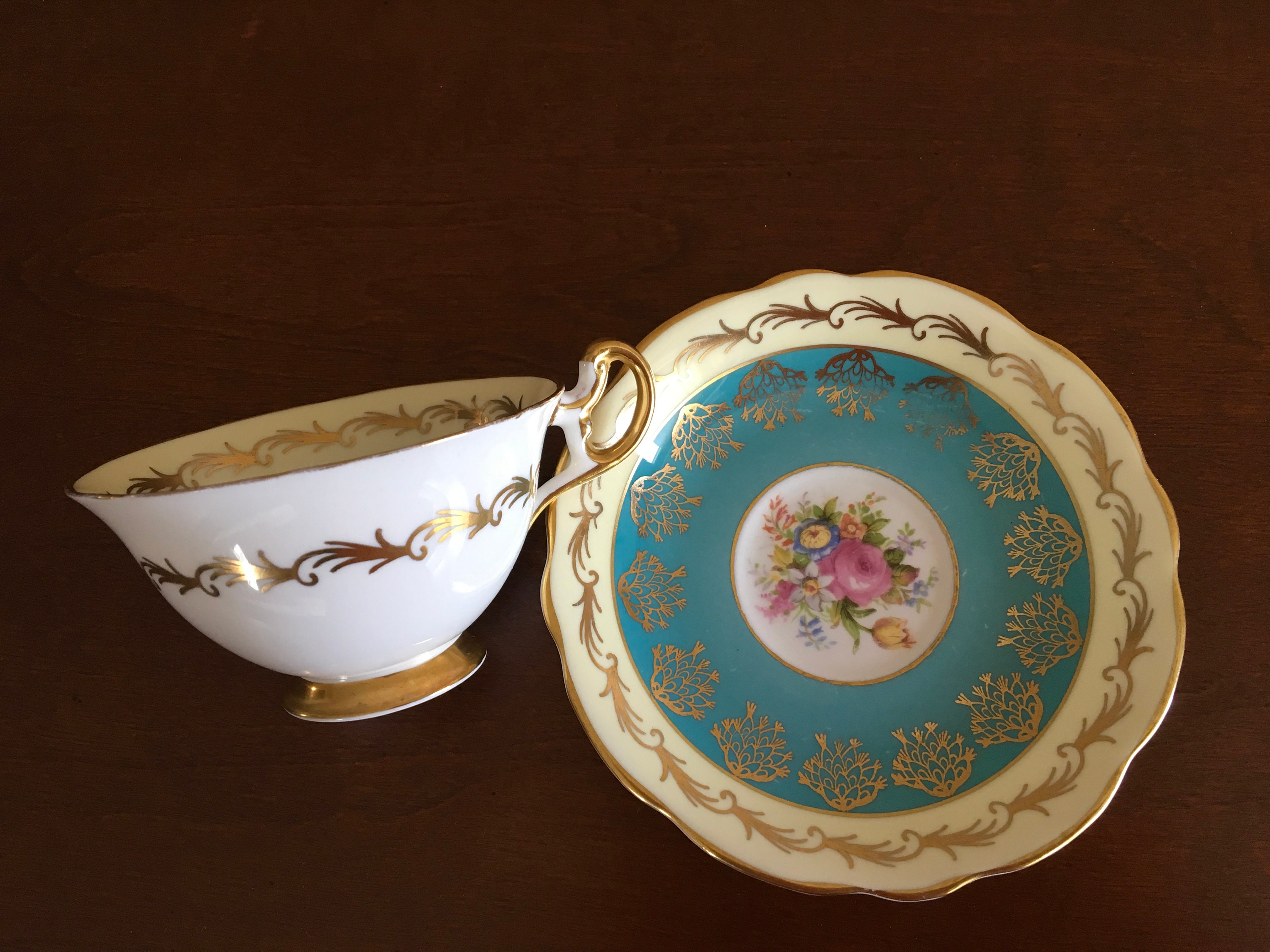 Vintage EB Foley Turquoise Blue and Gold Floral Fine Bone | Etsy