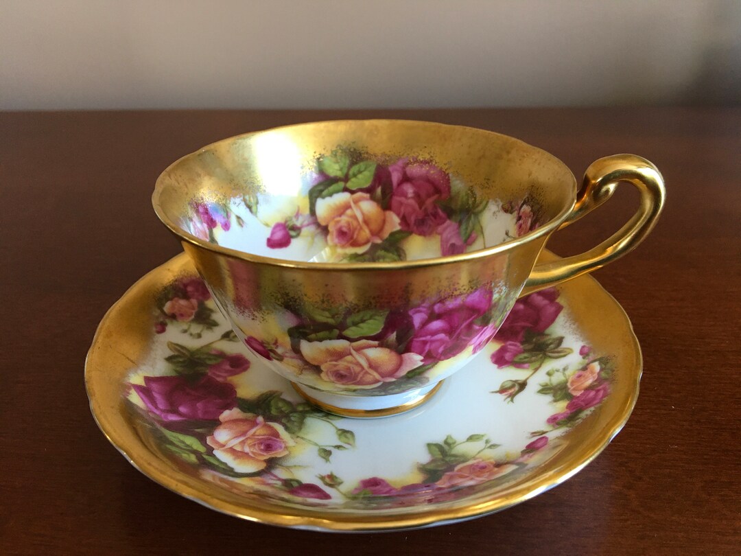 Royal Chelsea Golden Rose Tea Cup and Saucer, Heavy Gold and Pink ...