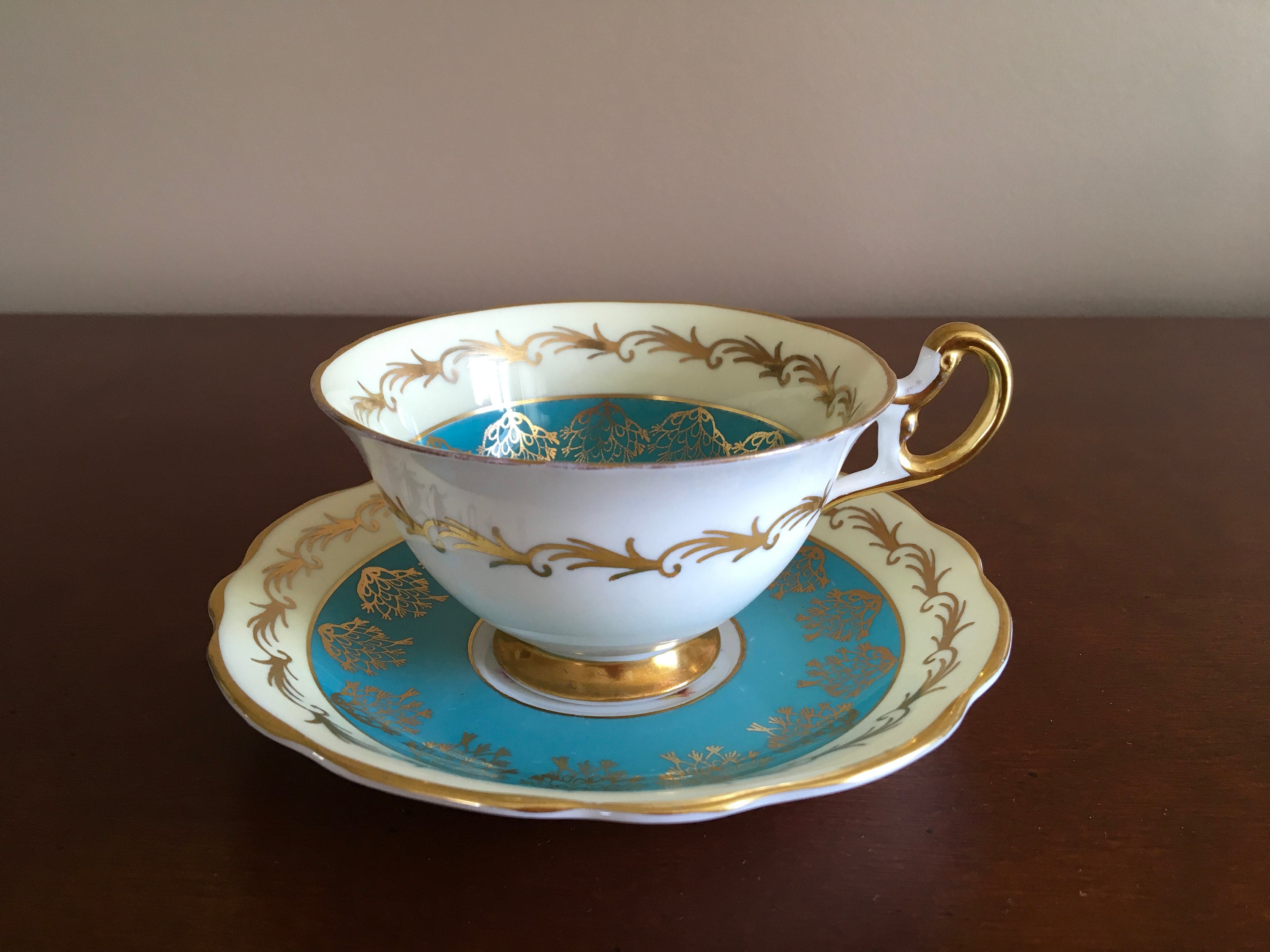 Vintage EB Foley Turquoise Blue and Gold Floral Fine Bone | Etsy