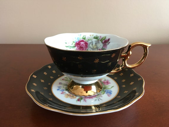 Vintage Shafford Japan Black and Gold fine bone china wide | Etsy