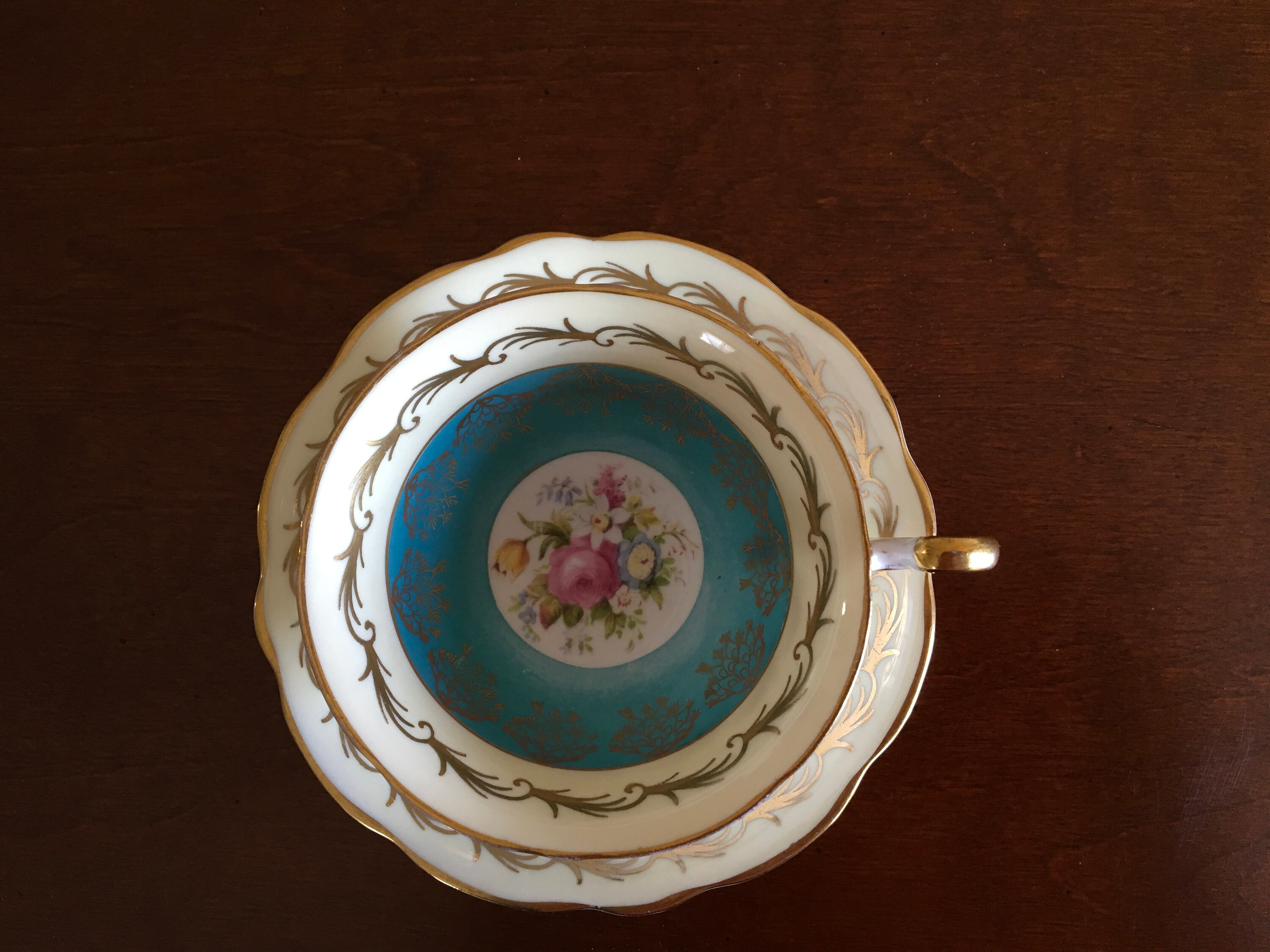 Vintage EB Foley Turquoise Blue and Gold Floral Fine Bone | Etsy