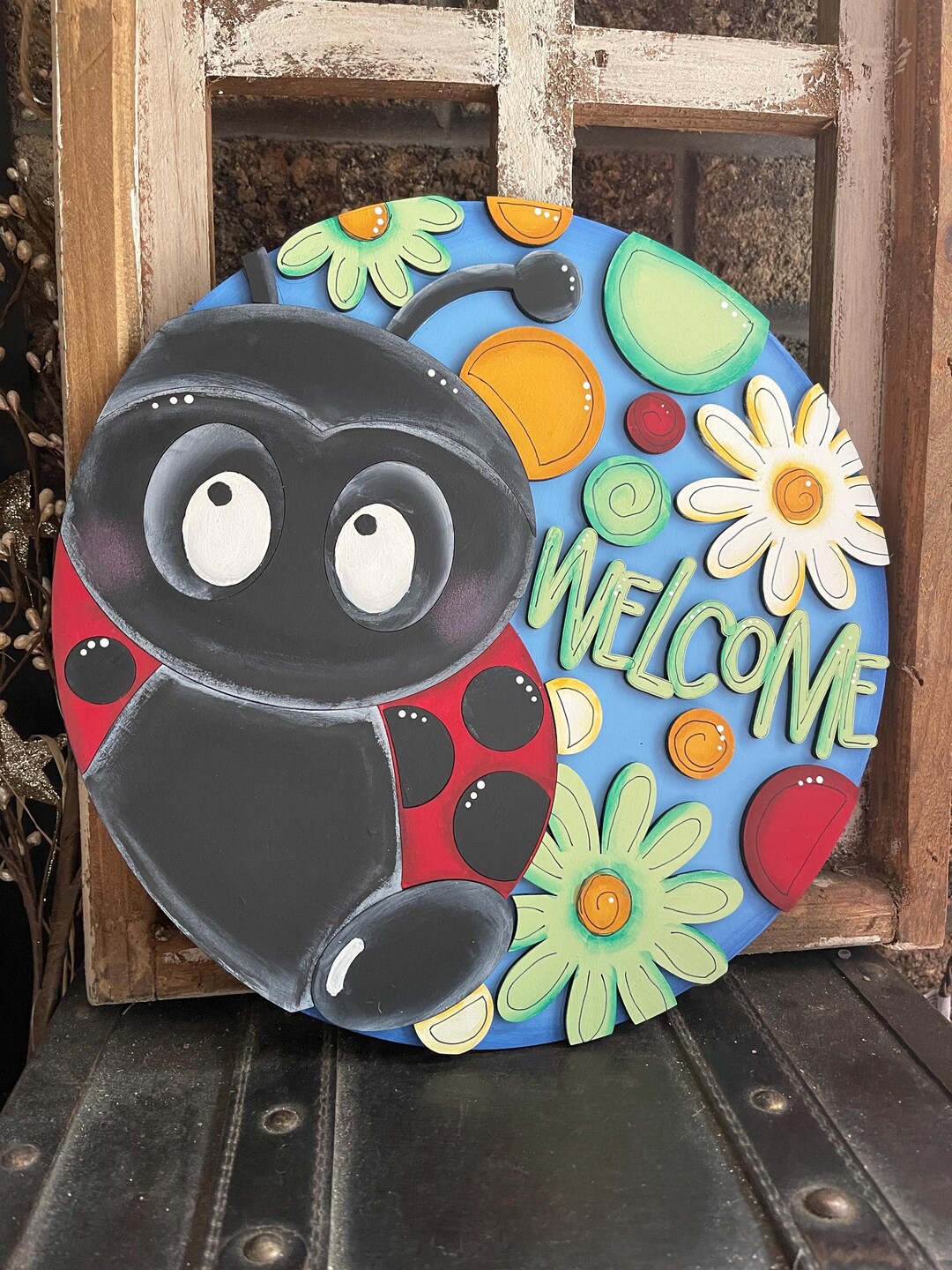 Ladybug and Flowers Welcome Painted Round Sign MDF Door or Wall Hanger ...