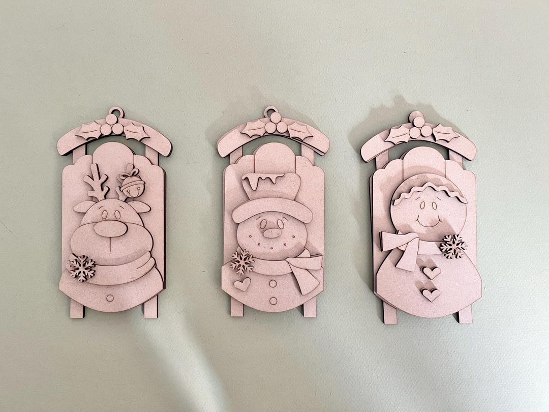 Unfinished 3 Christmas MDF Wood Sled Ornaments - Reindeer, Snowman and ...