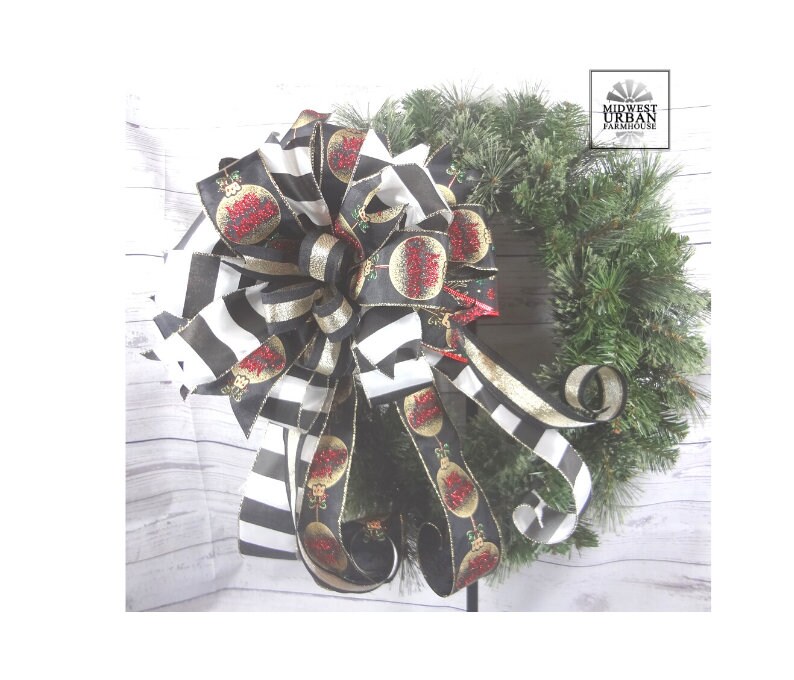 Christmas Tree Topper Bow Black White Gold Bowmailbox - Etsy