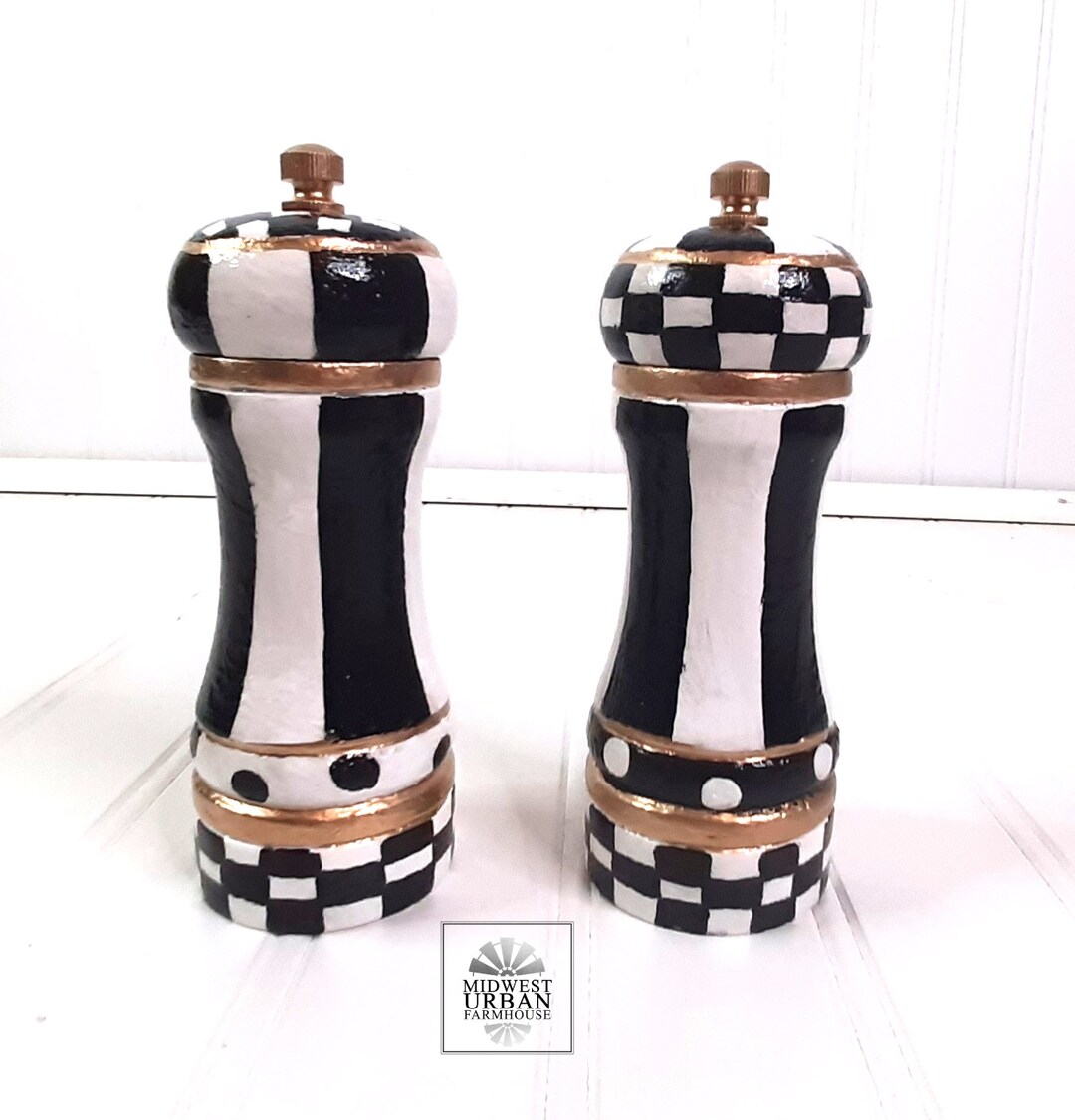 Black & White Salt Pepper Mill Set|handpainted Black and White Check|black and White Checks Salt ...