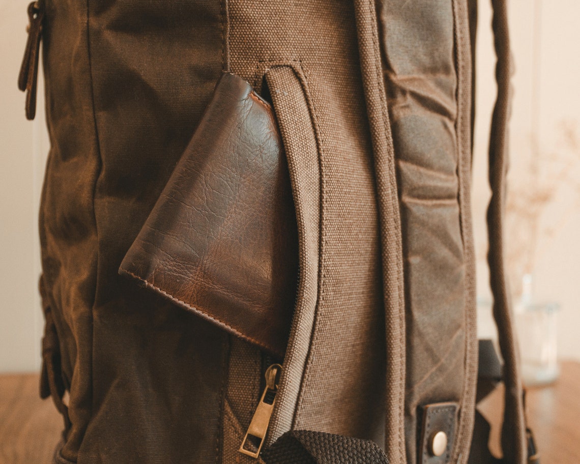 Mens Backpack Waxed Canvas & Leather Roll Top Brown Wax - Etsy