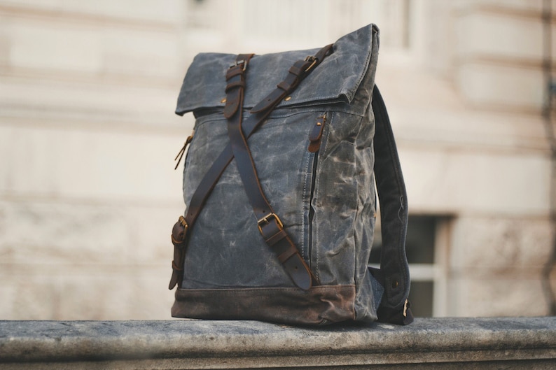 Backpack Waxed Cotton Canvas & Leather | Grey Roll Top Daypack Rolltop ...