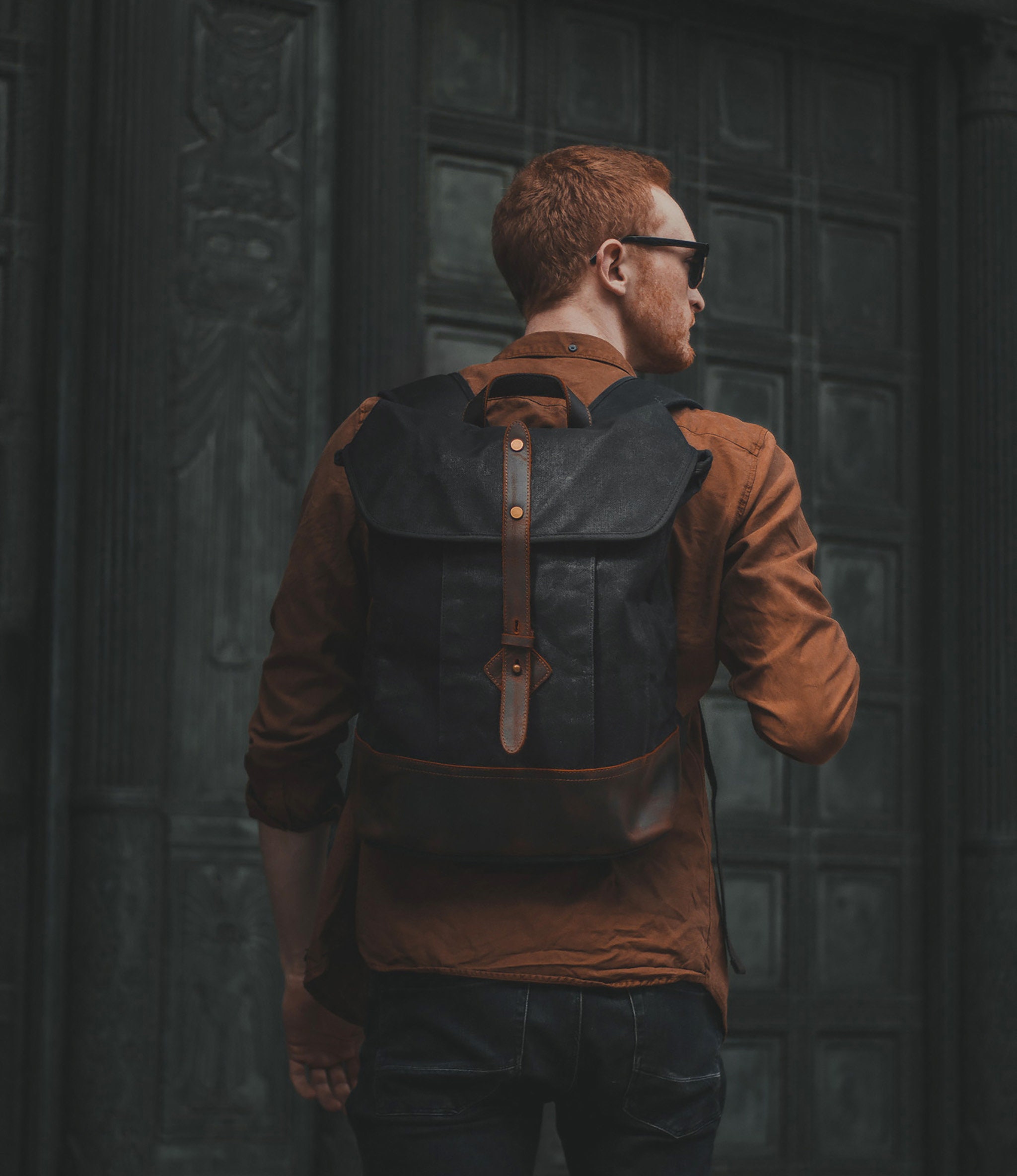 Backpack Wax Cotton Canvas & Leather Black Top Load Flap Hood - Etsy UK