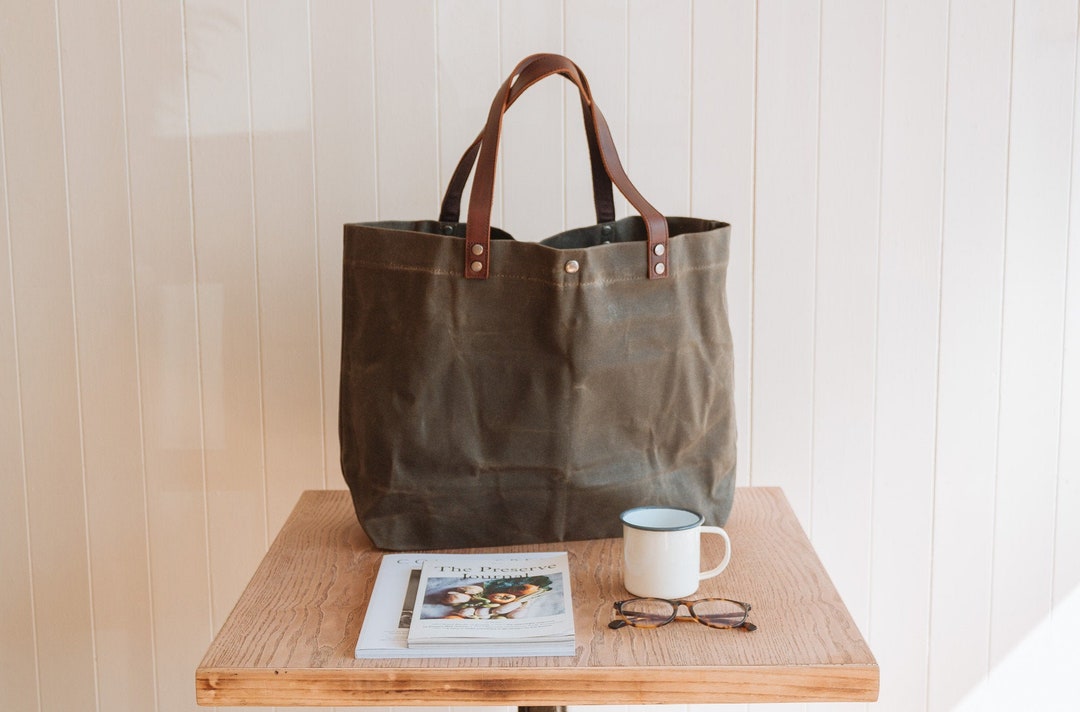 Tote Bag Leather and Waxed Canvas | Women Men | Green Reusable Shopping ...