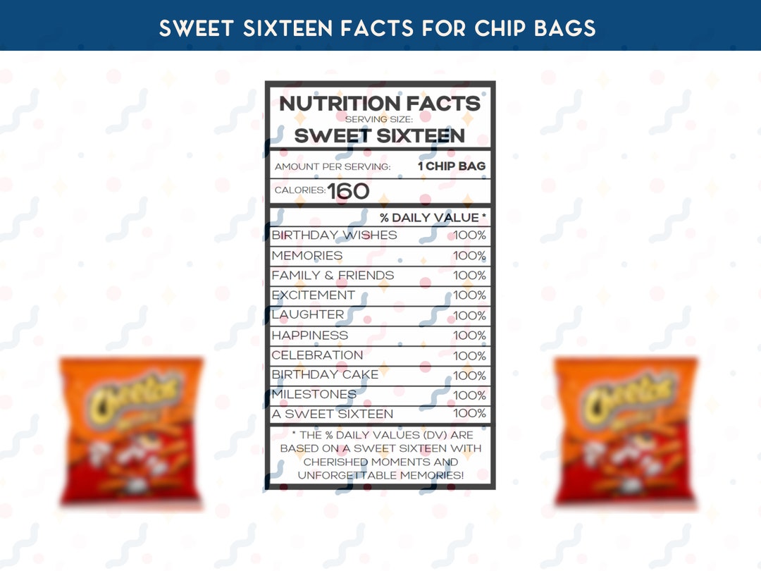Sweet Sixteen Birthday Nutrition Facts for Chip Bags, Personalized ...