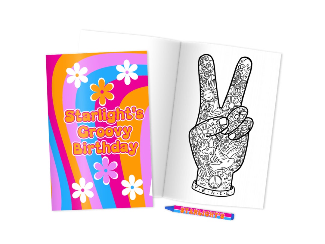 Groovy Custom Coloring Book & Crayon Wrapper Retro Hippie Theme, Easy ...