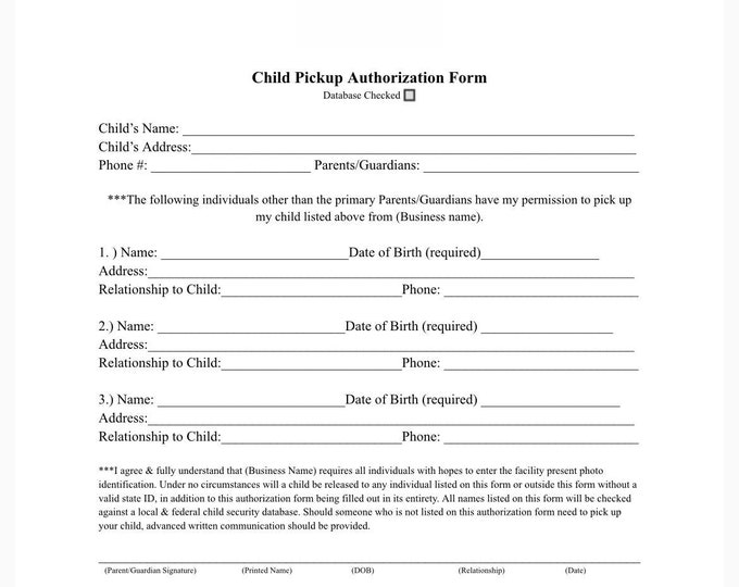 Childcare Pickup Authorization Form PDF Digital Download - Etsy Canada