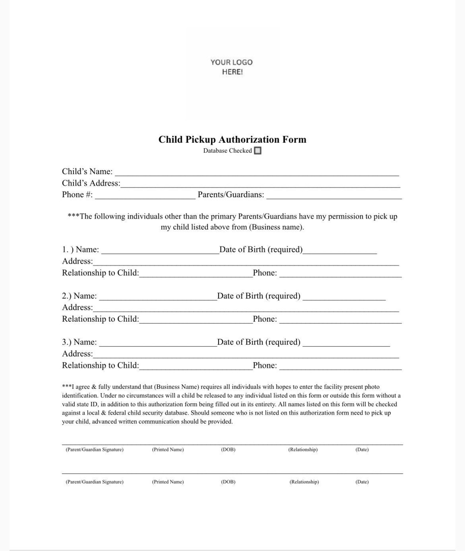 Child Pickup Authorization Form – Editable & Printable - Etsy