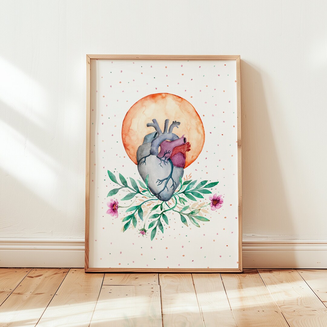 Heart and Moon Illustration With Watercolors Digital Download Boho Art ...