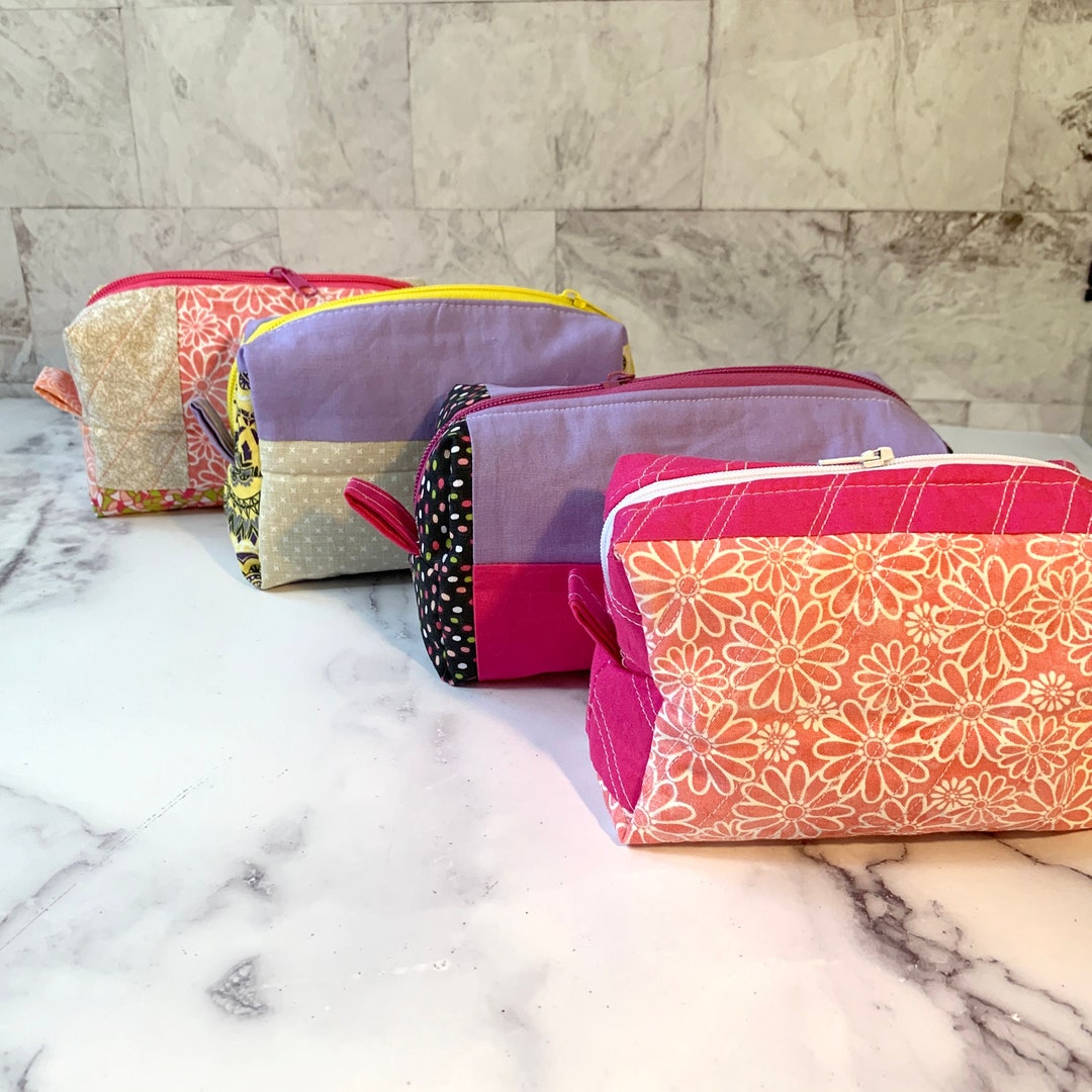 Small Colorful Patchwork Box Bag Cosmetic Bag, Zipper Pouch, Handmade Makeup Bag, Small Make up ...