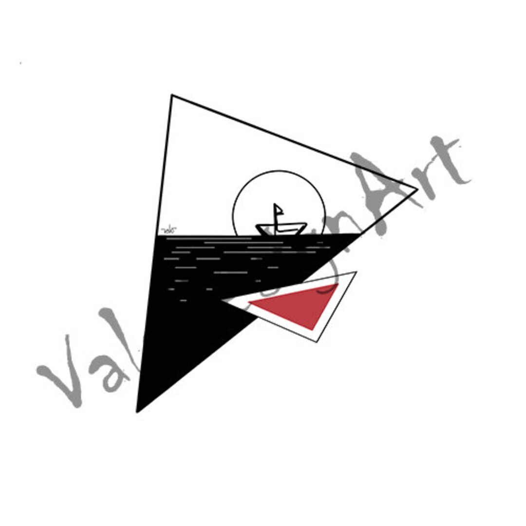 Maritime Bottom With Boat Floating Sunset Horizon Drawing Digital ...