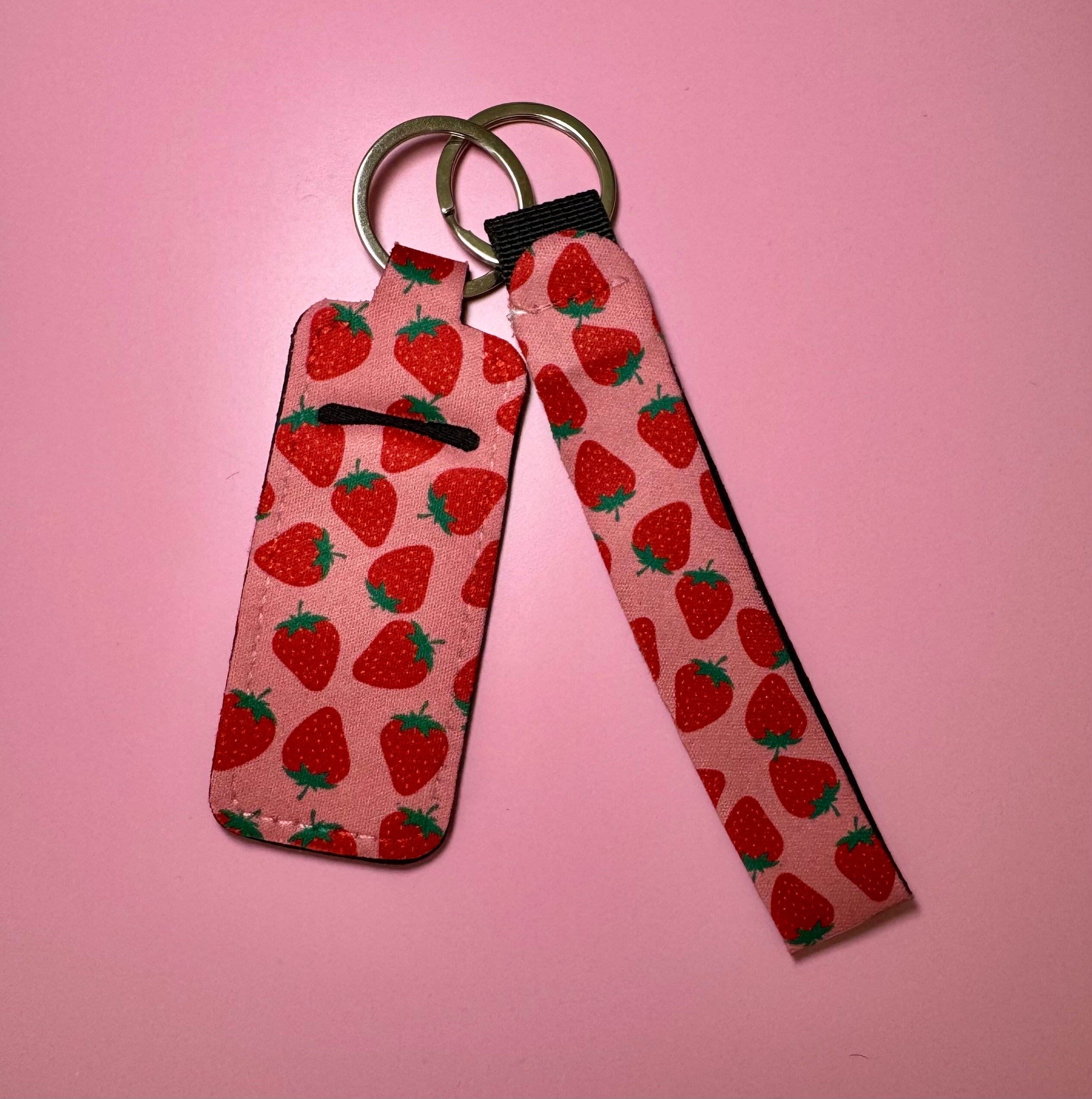 Cute Strawberry Pattern Keychain Wristlet With Chapstick Holder | Pink ...