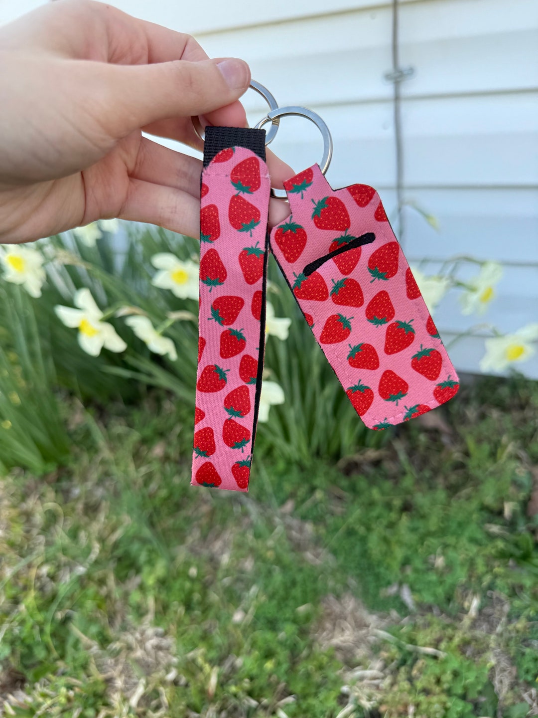 Cute Strawberry Pattern Keychain Wristlet With Chapstick Holder | Pink ...