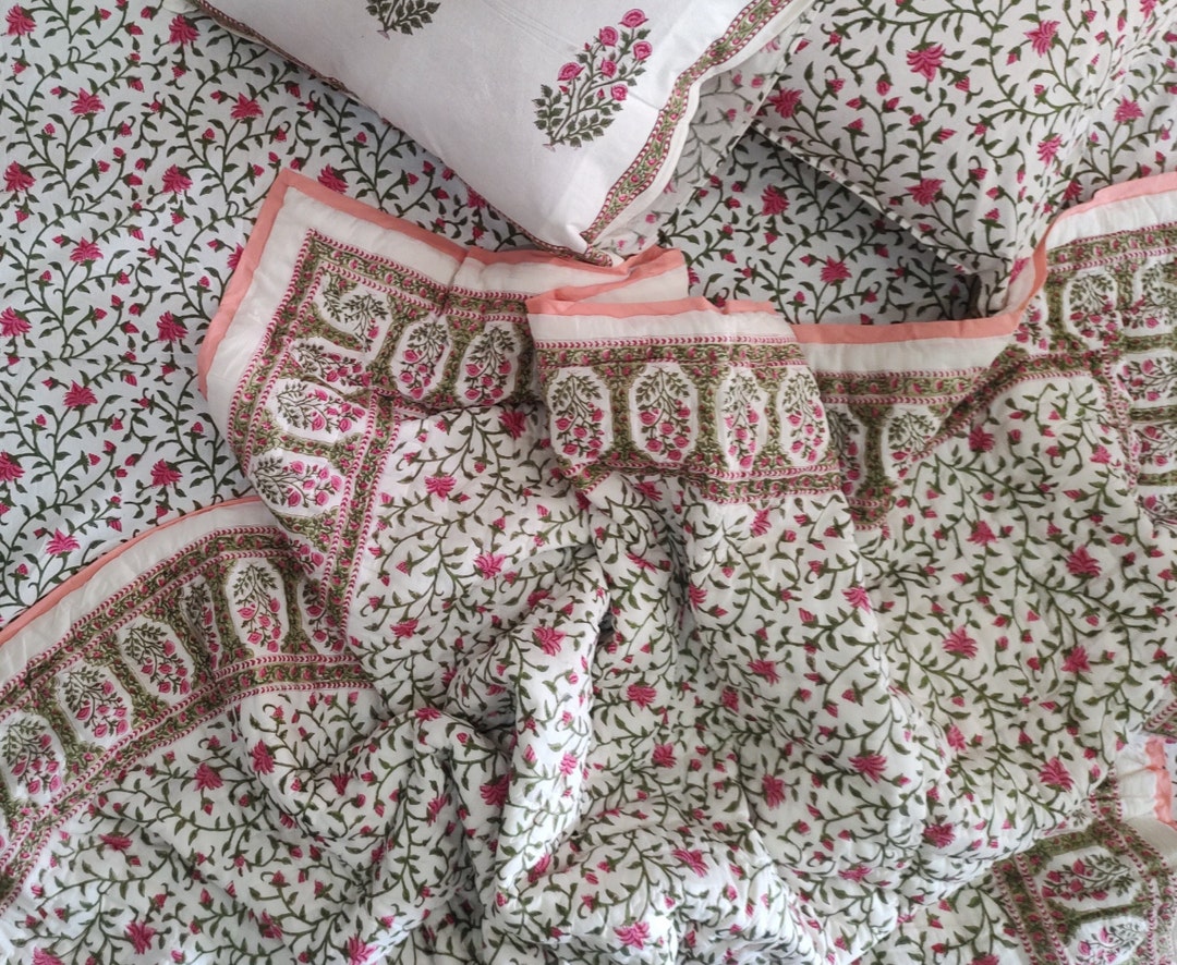 Hand Block Print Quilt Floral Light Base, Soft Quality Quilt, Ultra ...