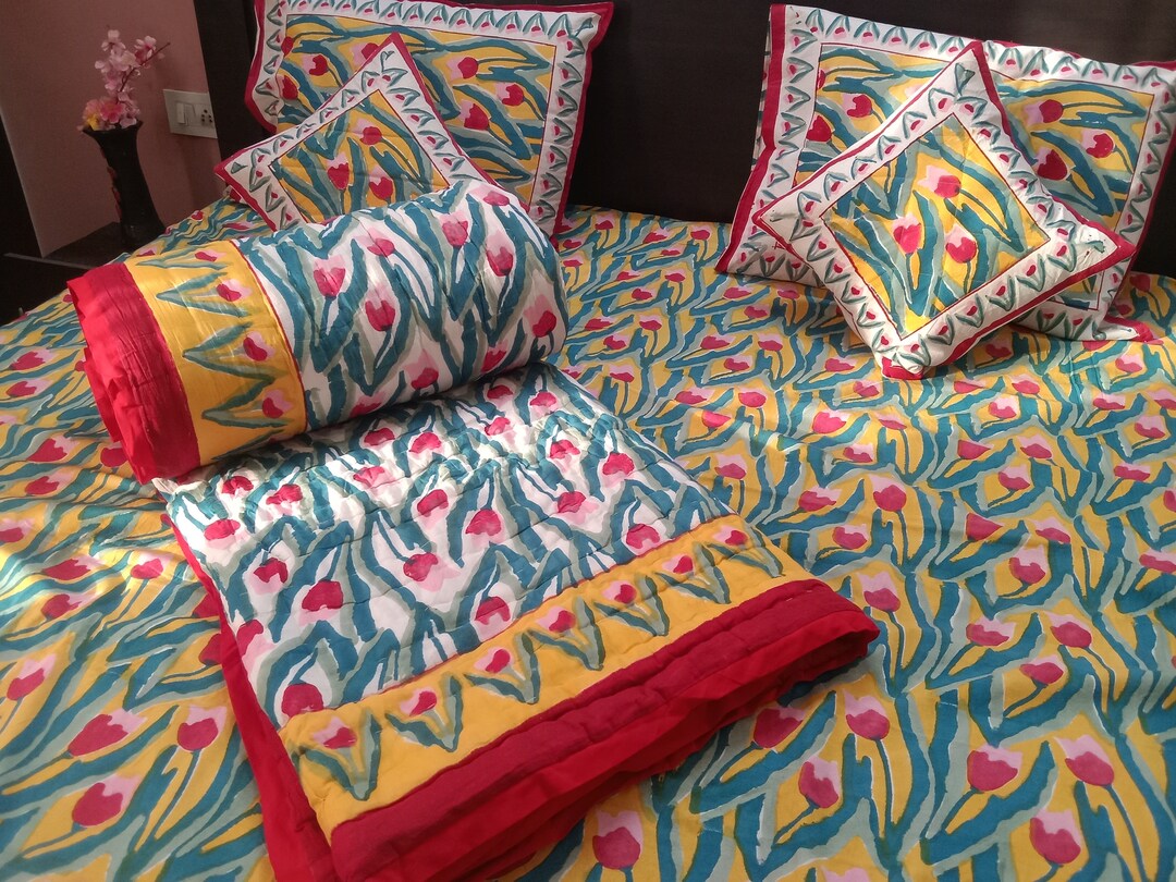 3 Piece Cotton Hand Block Print Bed-sheet Set 90"x108"/ Floral Boho ...