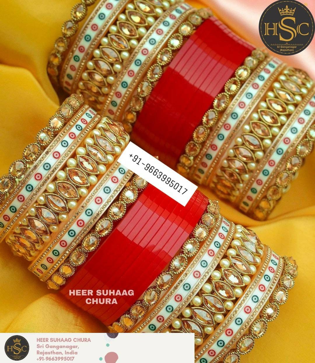 Red Reverse American Diamond Bangles Choora Set, Golden Pearl Dotted ...